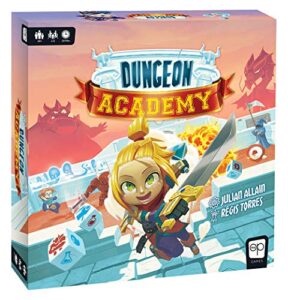 dungeon academy | roll & write maze board game | each roll creates unique dungeon mazes | collect life points & mana, fight monsters, and earn treasure to master the academy | family board game