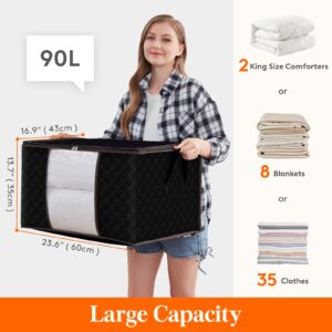 Lifewit Large Capacity Clothes Storage Bag Organizer with Reinforced Handle Thick Fabric for Comforters, Blankets, Bedding, Foldable with Sturdy Zipper, Clear Window, 3 Pack, 90L, Black