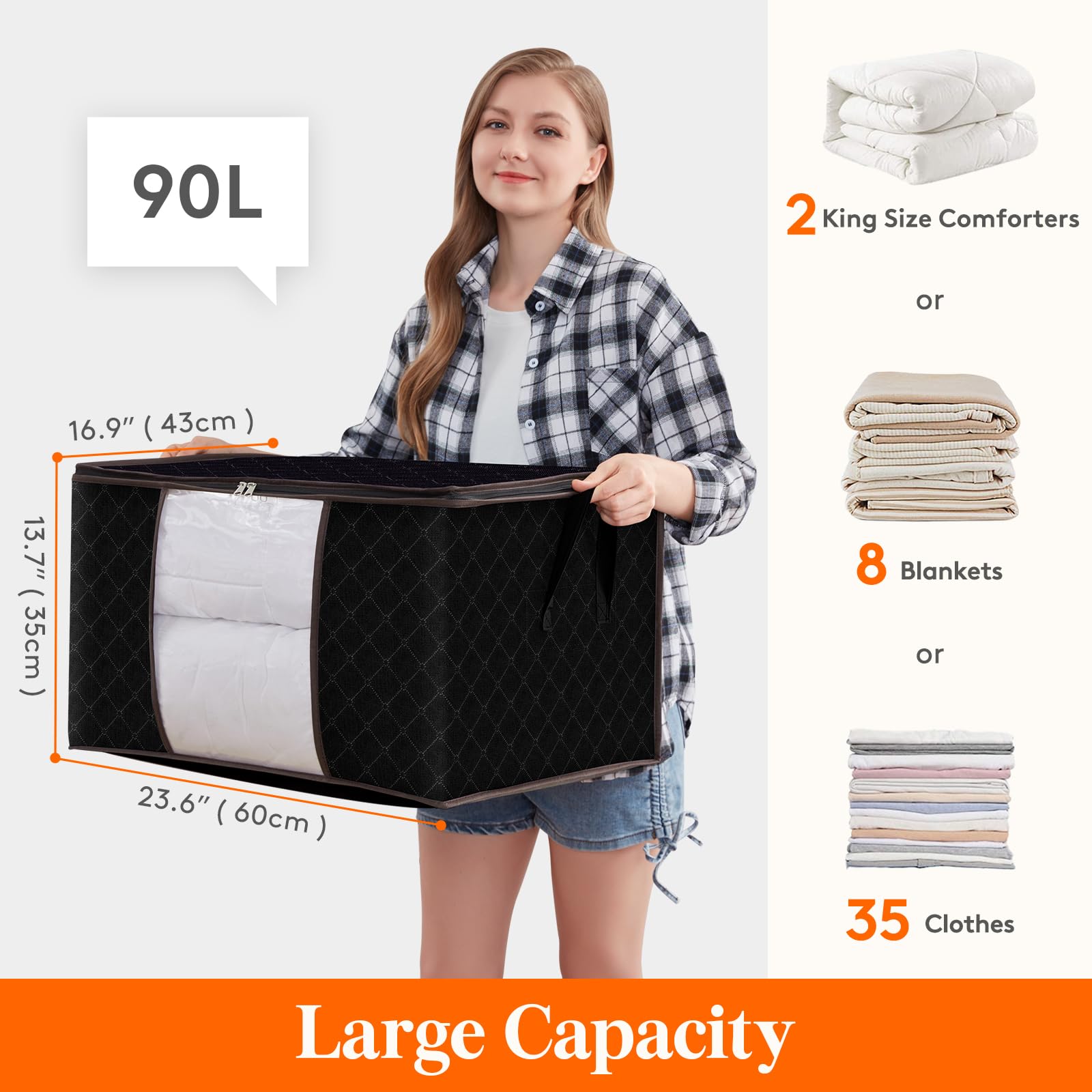 Lifewit Large Capacity Clothes Storage Bag Organizer with Reinforced Handle Thick Fabric for Comforters, Blankets, Bedding, Foldable with Sturdy Zipper, Clear Window, 3 Pack, 90L, Black