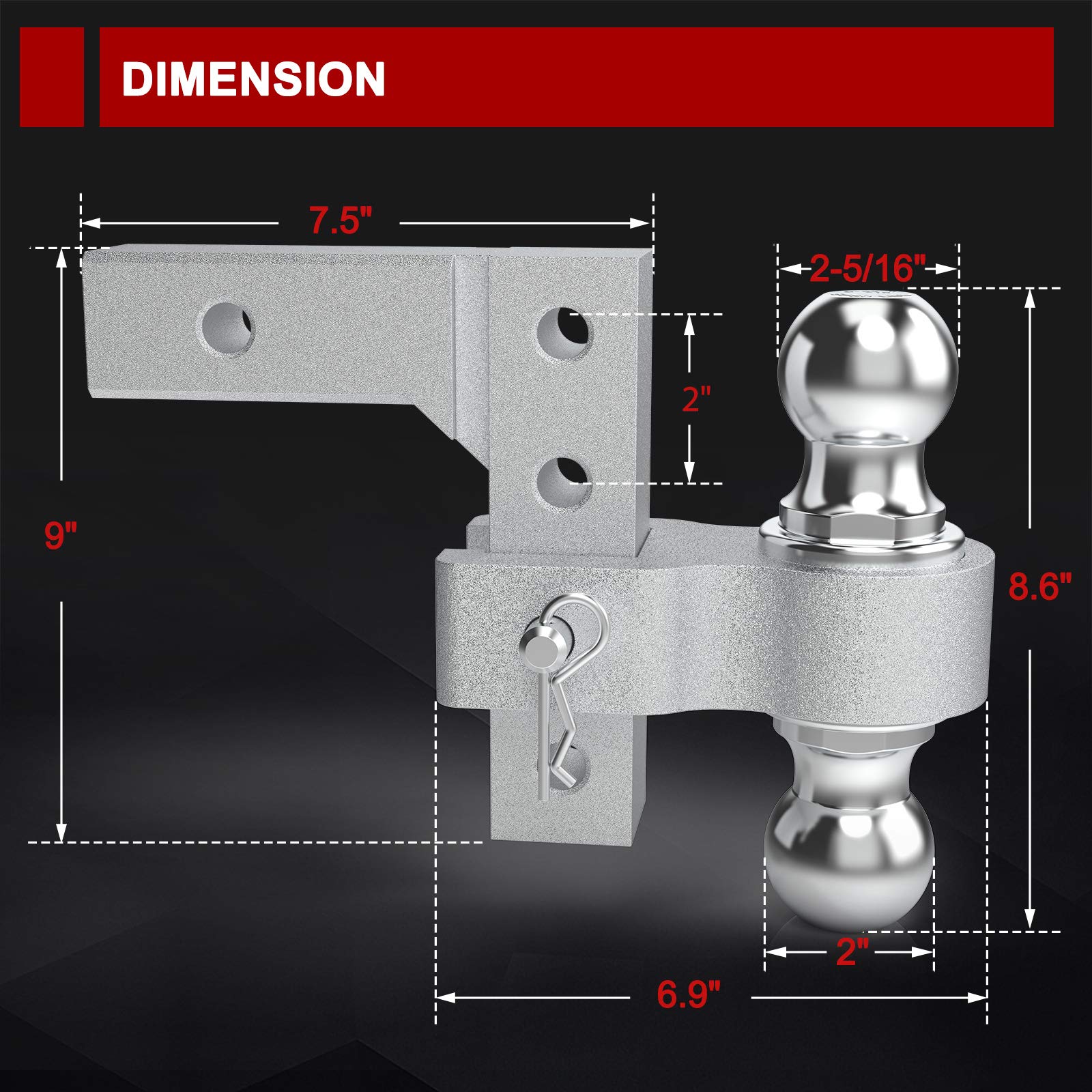 BUNKER INDUST Adjustable Trailer Hitch Fits 2" inch Receiver, Aluminum Rapid Hitch 6" Drop/Rise, 2-Inch and 2-5/16-Inch Hitch Dual Ball Mount 5,000 LBS Capacity