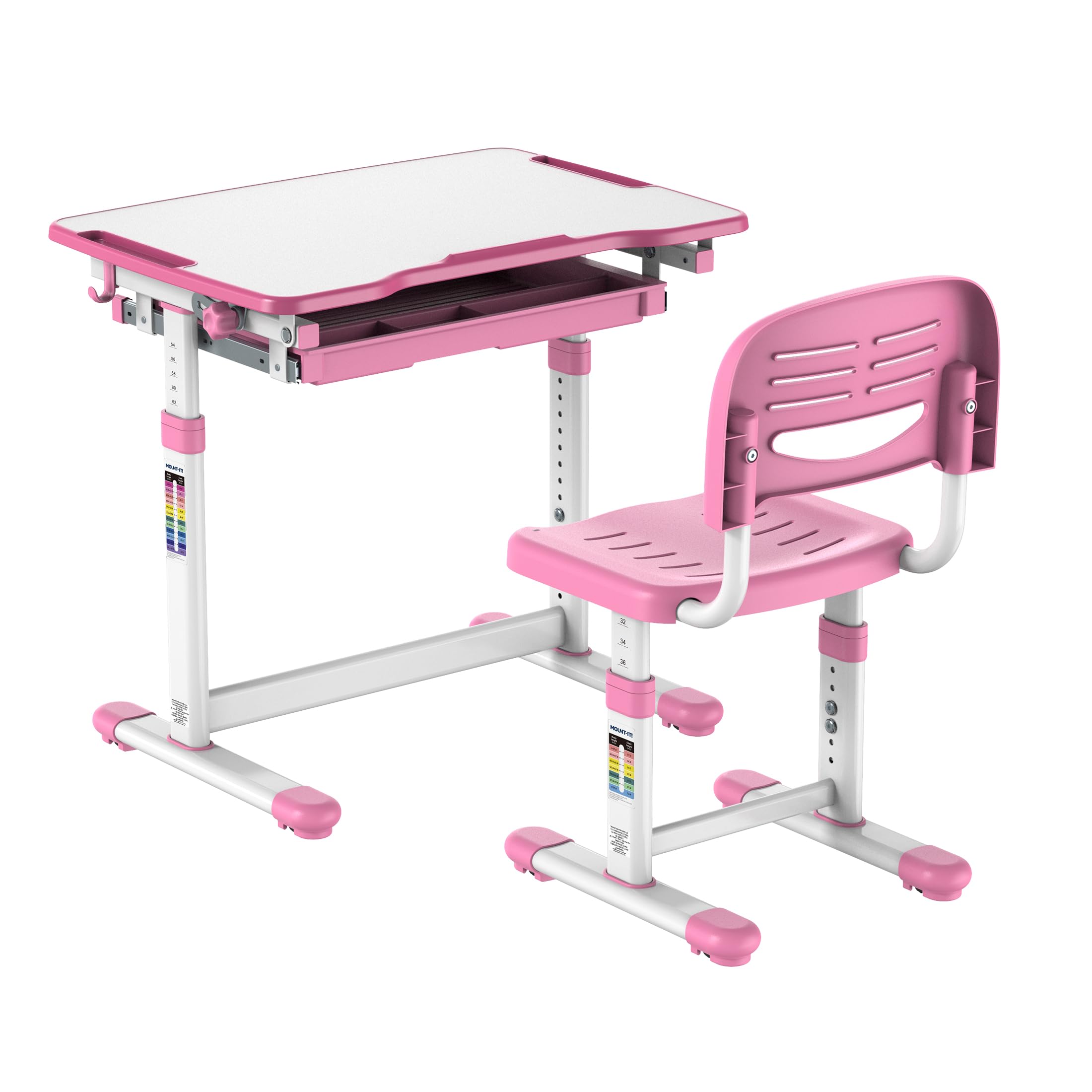 Mount-It! Kids Desk and Chair Set, Height Adjustable Sturdy, Girl Desk, Kids Art Desk, Kids Study Desk and Chair Set for Boys, Home School, Drafting Desk, Ergonomic Childrens Storage Drawer Pink