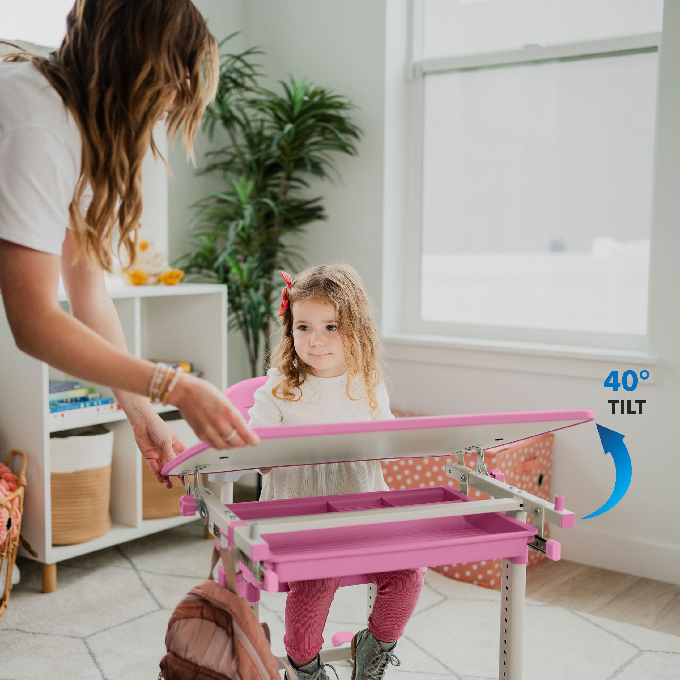 Mount-It! Kids Desk and Chair Set, Height Adjustable Sturdy, Girl Desk, Kids Art Desk, Kids Study Desk and Chair Set for Boys, Home School, Drafting Desk, Ergonomic Childrens Storage Drawer Pink