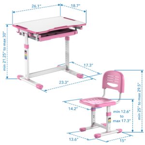 Mount-It! Kids Desk and Chair Set, Height Adjustable Sturdy, Girl Desk, Kids Art Desk, Kids Study Desk and Chair Set for Boys, Home School, Drafting Desk, Ergonomic Childrens Storage Drawer Pink