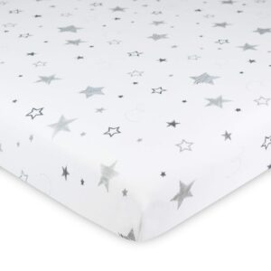 american baby company fitted pack n play playard sheet 27" x 39", soft breathable neutral 100% cotton jersey pack and play sheet, super stars, for boys and girls, fits most mini crib mattresses