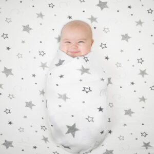 American Baby Company Fitted Pack N Play Playard Sheet 27" x 39", Soft Breathable Neutral 100% Cotton Jersey Pack and Play Sheet, Super Stars, for Boys and Girls, Fits Most Mini Crib Mattresses