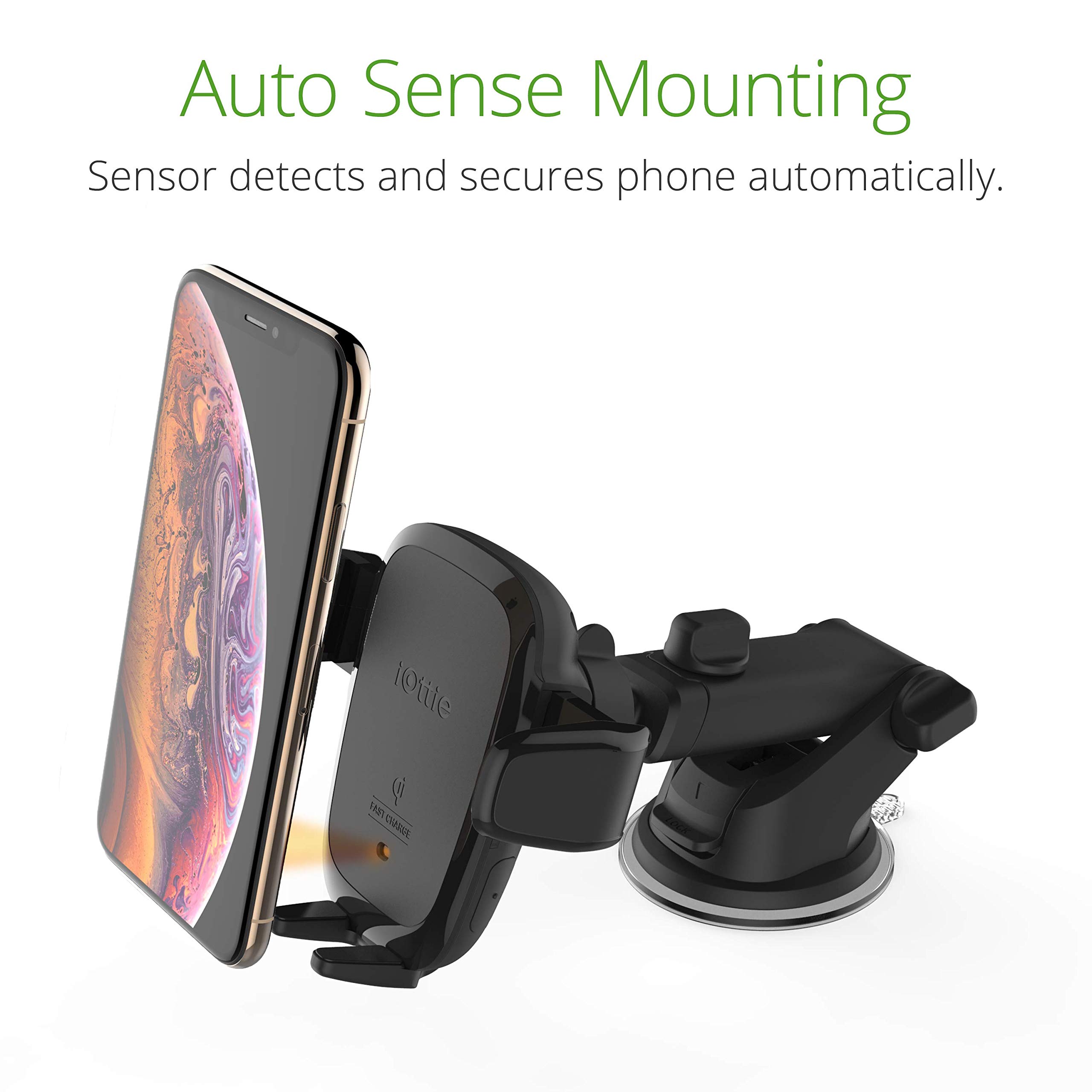 iOttie Auto Sense Qi Wireless Car Charger - Automatic Clamping Dashboard Phone Mount with Wireless Charging for Google Pixel, iPhone, Samsung Galaxy, Huawei, LG, and other Smartphones.