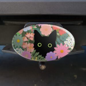 Black Cat Hiding in Spring Flowers Oval Tow Trailer Hitch Cover Plug Insert