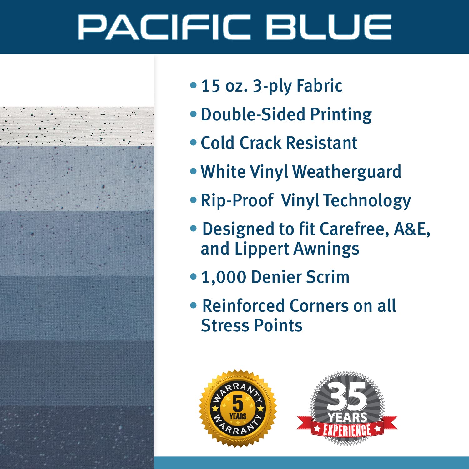 ShadePro - RV Awning Fabric Replacement - Heavy Duty Weatherproof Vinyl - Universal Outdoor Canopy for Camper, Trailer, and Motorhome Awnings - Pacific Blue - 18' (Fabric 17' 2")