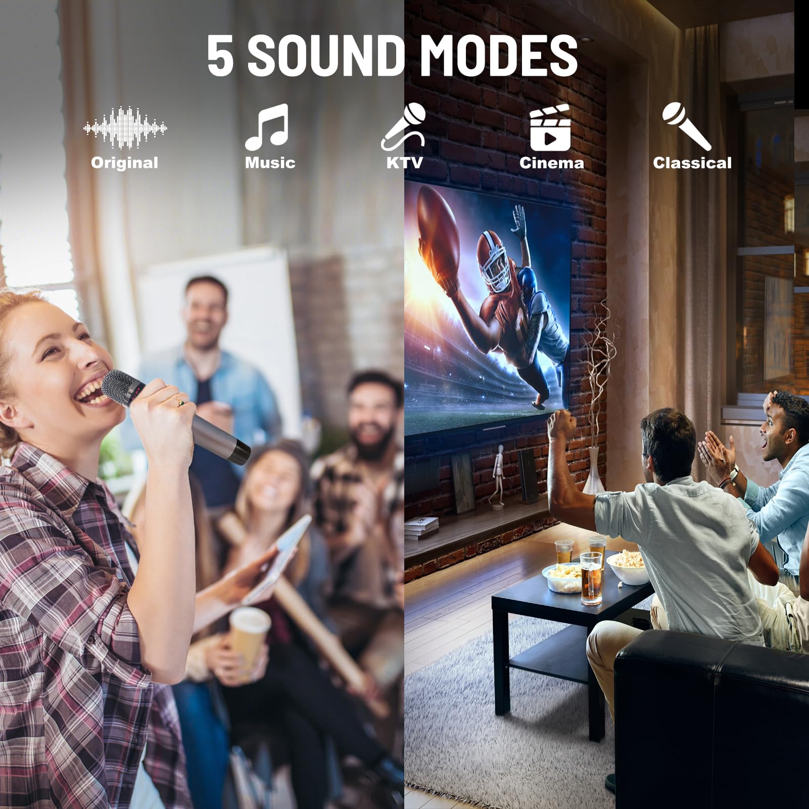 RHM K222 Karaoke Machine with 2 UHF Wireless Microphones & 5 Sound Modes, Support Optical/Bluetooth/AUX/USB/PC, Wooden Home Karaoke Singing Machine for TV, Home, Karaoke, Singing Party, Christmas