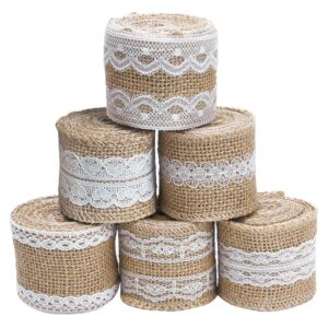 livder 6 rolls 2 inch width natural jute burlap ribbon with white lace for diy home decoration, wedding party and gift packaging