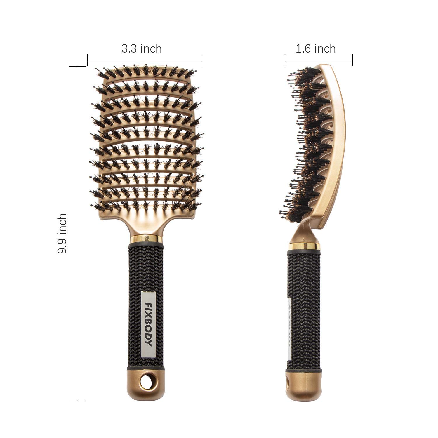 FIXBODY Boar Bristle Hair Brush - Curved & Vented & Oversize Design Detangling Hair Brush for Women Long, Thick, Curly and Tangled Hair Blow Drying Brush (Gold)