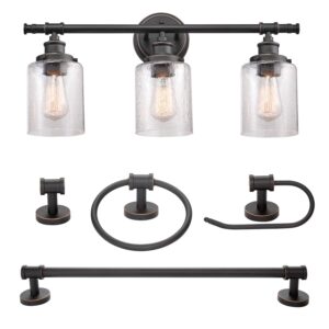 globe electric 51415 5-piece all-in-one bathroom accessory set, with vanity, bronze, 3-light vanity light, seeded glass, towel bar, towel ring, robe hook, toilet paper holder, home improvement