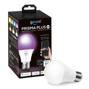 geeni prisma plus 800 wifi led smart light bulb, brighter color & tunable white (2700-6500k), 1-pack, a19 60w, no hub required, light bulb works with amazon alexa, google home