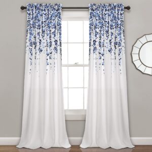 lush decor weeping flower light filtering window curtain panels, pair, 52"w x 95"l + 2" header, navy & blue - charming modern floral curtains for living room, dining room, & bedroom