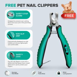 Ruff 'N Ruffus Self-Cleaning Slicker Brush With NO- PAIN Bristles Gently Removes Loose Undercoat & Tangled Hair For Cats & Dogs Reduces Shedding by 95% +Pet Nail Clipper