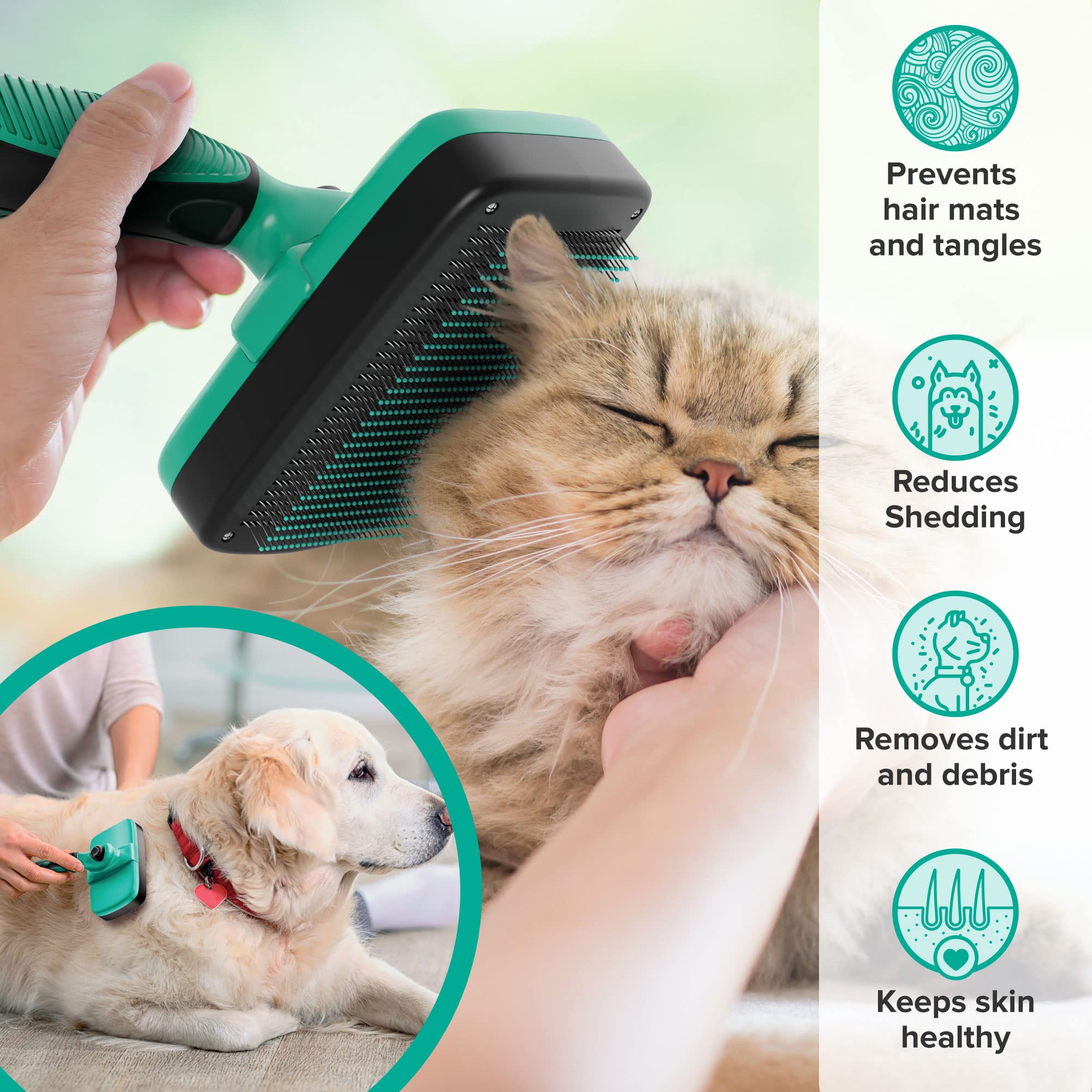 Ruff 'N Ruffus Self-Cleaning Slicker Brush With NO- PAIN Bristles Gently Removes Loose Undercoat & Tangled Hair For Cats & Dogs Reduces Shedding by 95% +Pet Nail Clipper