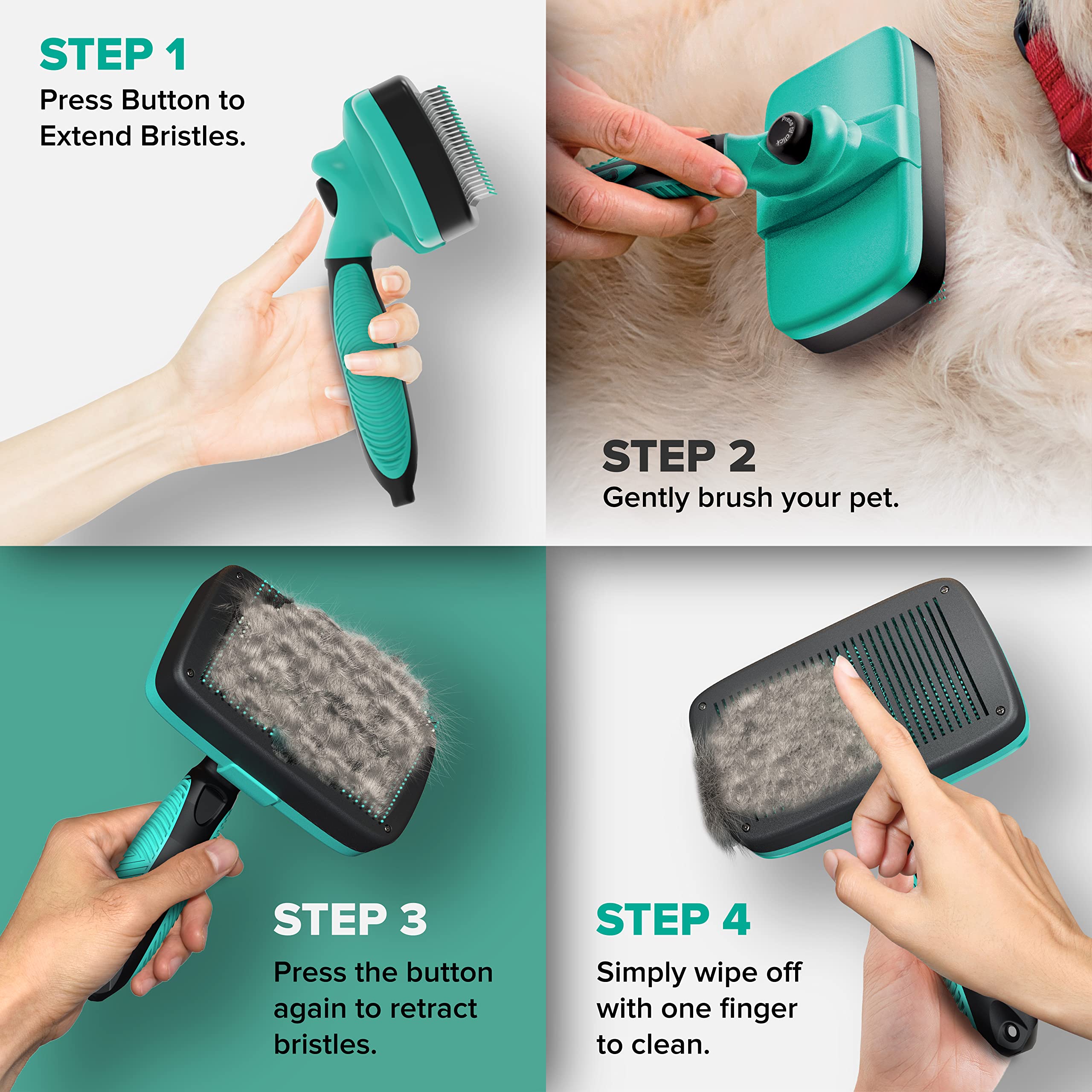 Ruff 'N Ruffus Self-Cleaning Slicker Brush With NO- PAIN Bristles Gently Removes Loose Undercoat & Tangled Hair For Cats & Dogs Reduces Shedding by 95% +Pet Nail Clipper