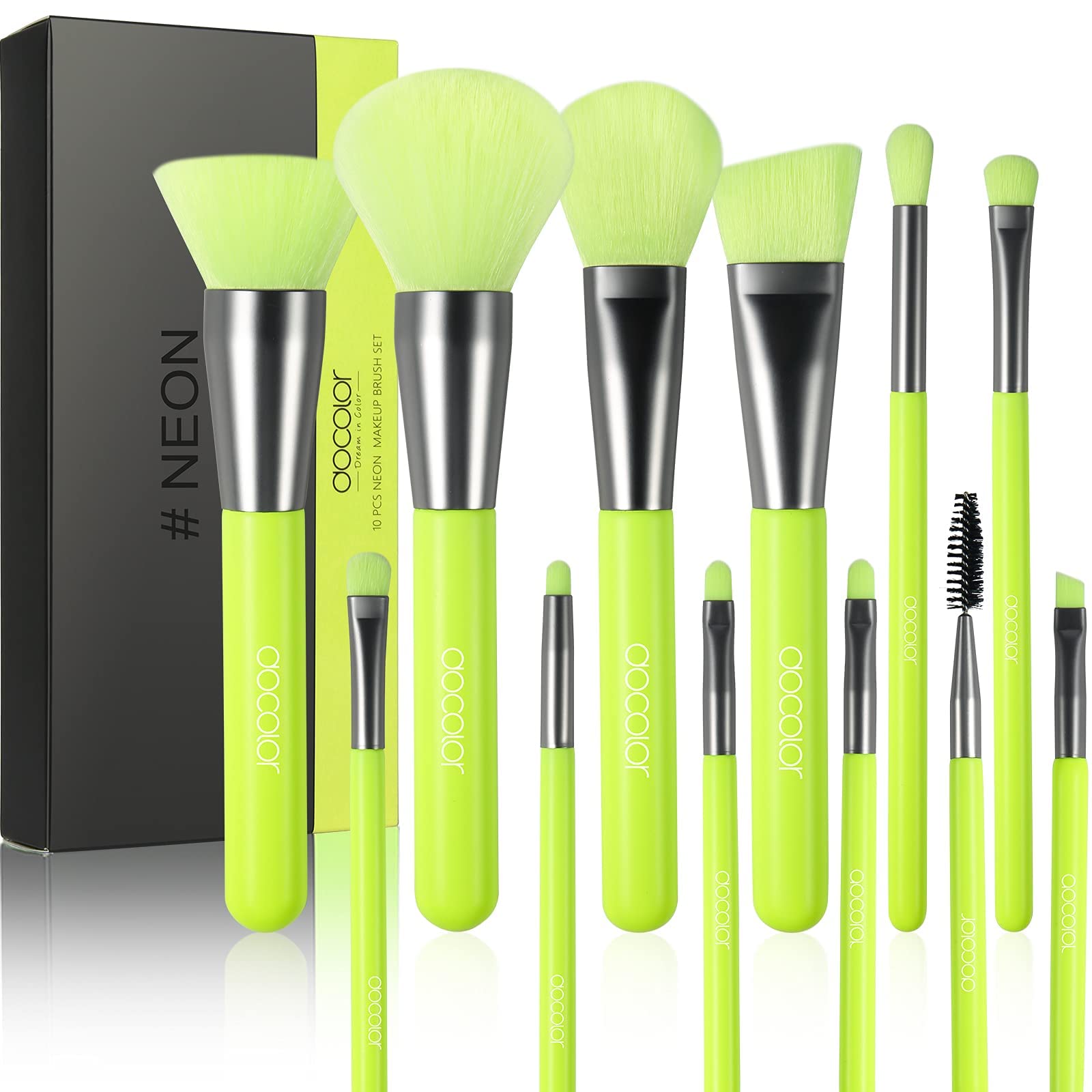 Docolor Makeup Brushes 10Pcs Makeup Brush Set Premium Synthetic Powder Kabuki Foundation Contour Blush Concealer Eye Shadow Blending Liner Make Up Brush Kit Neon Green