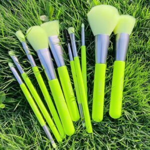 Docolor Makeup Brushes 10Pcs Makeup Brush Set Premium Synthetic Powder Kabuki Foundation Contour Blush Concealer Eye Shadow Blending Liner Make Up Brush Kit Neon Green