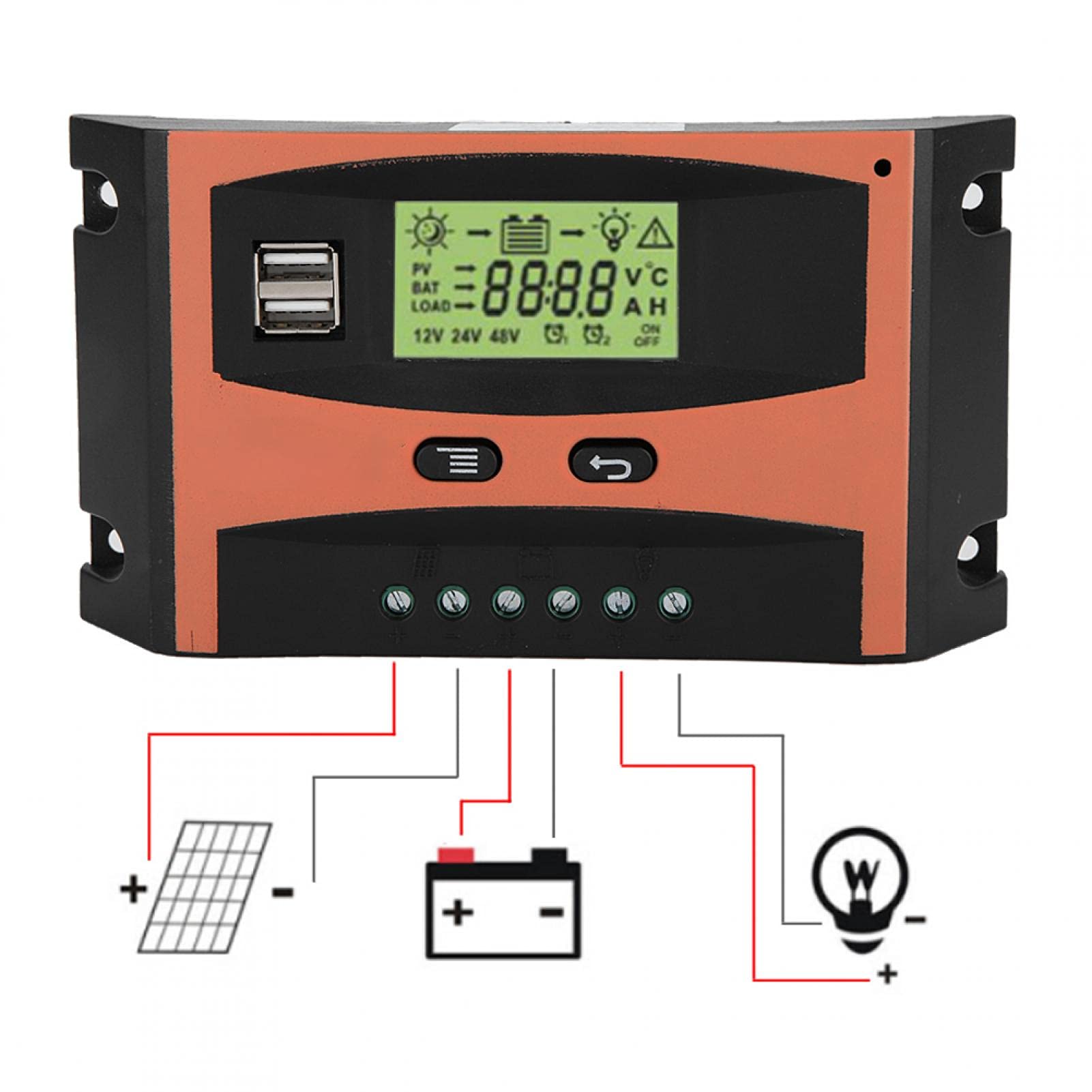 MPPT Controller, Simplified Version MPPT Charge Controller PCB Circuit Board Solar Panel Regulator 12V / 24V LCD Display Automatic Battery Controller Orange + Black(60A)