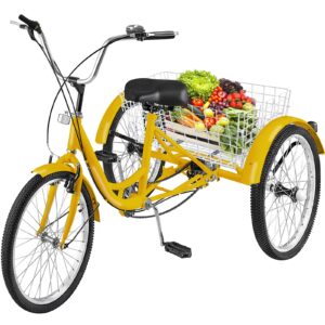 happybuy adult tricycle 24 inch, three wheel bikes 1 speed, yellow tricycle with bell brake system, bicycles with cargo basket for shopping.