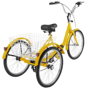 Happybuy Adult Tricycle 24 inch, Three Wheel Bikes 1 Speed, Yellow Tricycle with Bell Brake System, Bicycles with Cargo Basket for Shopping.