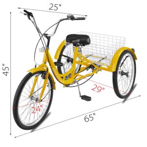 Happybuy Adult Tricycle 24 inch, Three Wheel Bikes 1 Speed, Yellow Tricycle with Bell Brake System, Bicycles with Cargo Basket for Shopping.