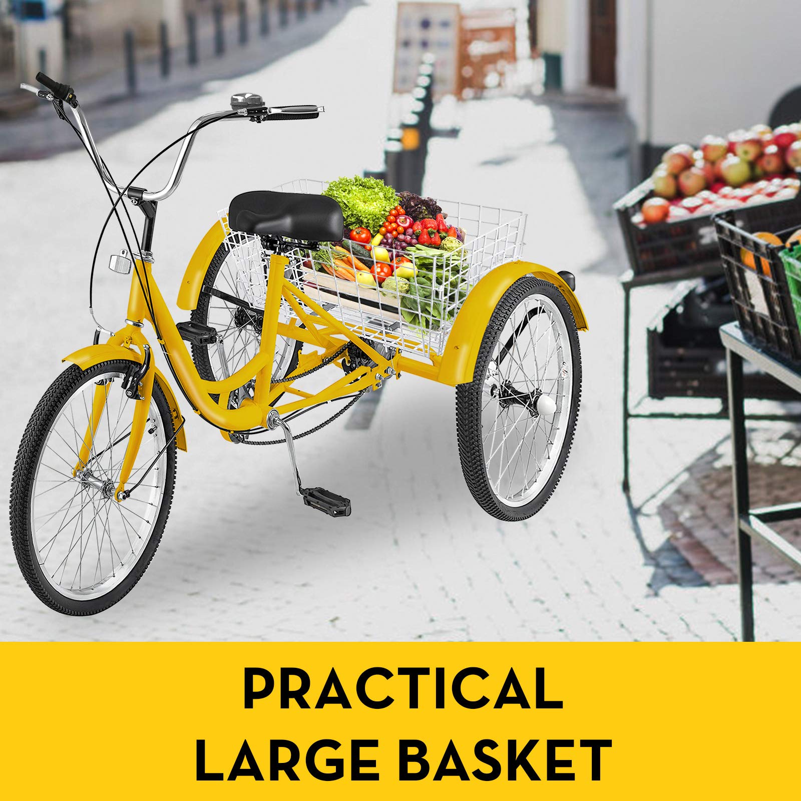 Happybuy Adult Tricycle 24 inch, Three Wheel Bikes 1 Speed, Yellow Tricycle with Bell Brake System, Bicycles with Cargo Basket for Shopping.