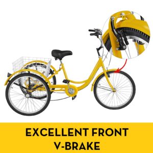 Happybuy Adult Tricycle 24 inch, Three Wheel Bikes 1 Speed, Yellow Tricycle with Bell Brake System, Bicycles with Cargo Basket for Shopping.