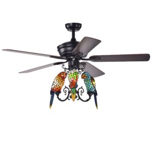 warehouse of tiffany cfl-8393remo/bl korubo 3 52-inch lighted tiffany style parrot shades (remote controlled) ceiling fan, black, 52 x 52 x 31.5