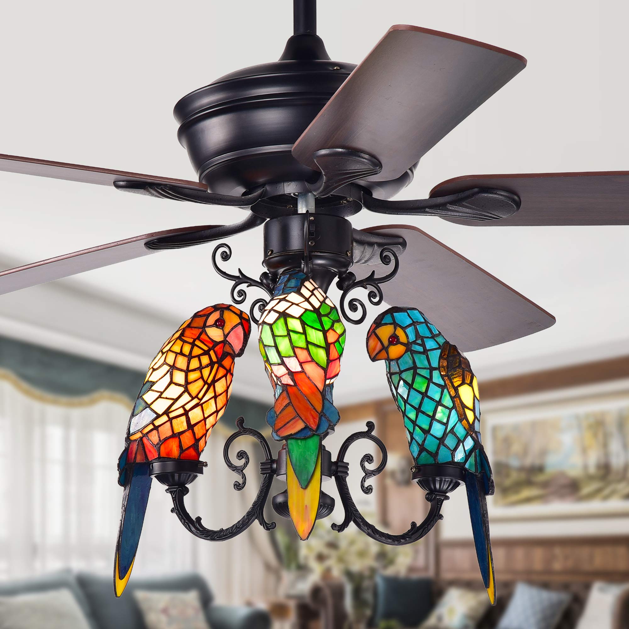 Warehouse of Tiffany CFL-8393REMO/BL Korubo 3 52-inch Lighted Tiffany Style Parrot Shades (Remote Controlled) Ceiling Fan, Black, 52 x 52 x 31.5