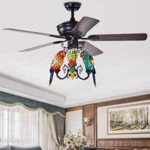 Warehouse of Tiffany CFL-8393REMO/BL Korubo 3 52-inch Lighted Tiffany Style Parrot Shades (Remote Controlled) Ceiling Fan, Black, 52 x 52 x 31.5