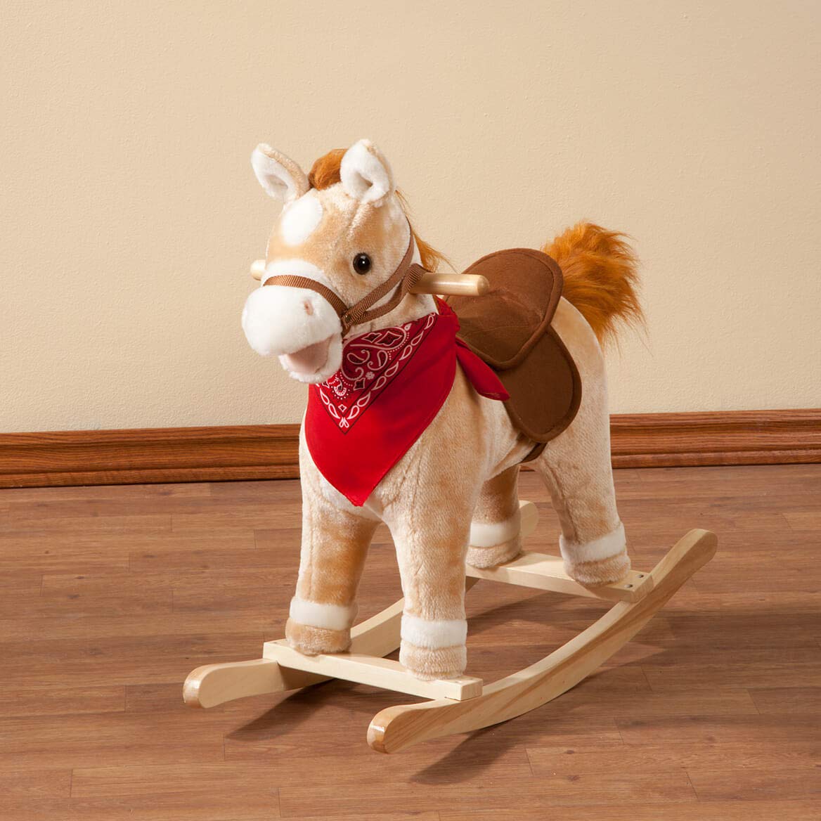 Fox Valley Traders Animated Rocking Horse with Sounds, Plush Ride-On Pony with Wooden Base