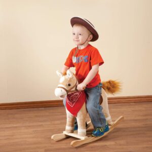 Fox Valley Traders Animated Rocking Horse with Sounds, Plush Ride-On Pony with Wooden Base