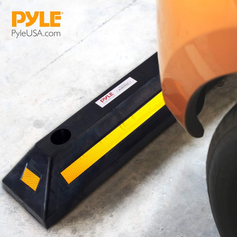 Pyle Curb Garage Vehicle Floor Stopper for Parking Safety 1PC Heavy Duty Rubber Parking Lot Driveway Stopper, For Car Vans Trucks Tire Wheel Guide Block Protect Bumper- Pyle PCRSTP11,Black