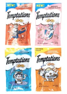 temptations cat treats variety pack bundle of 4 flavor pouches (rockin? lobster, shrimpy shrimp, tempting tuna, tantalizing turkey; 3 oz each)