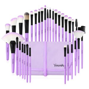 yuwaku makeup brush 32pcs, purple professional make up brushes set with soft bristles kabuki foundation powder eyeshadow eyeliner blush concealer brush with travel makeup bag (purple)