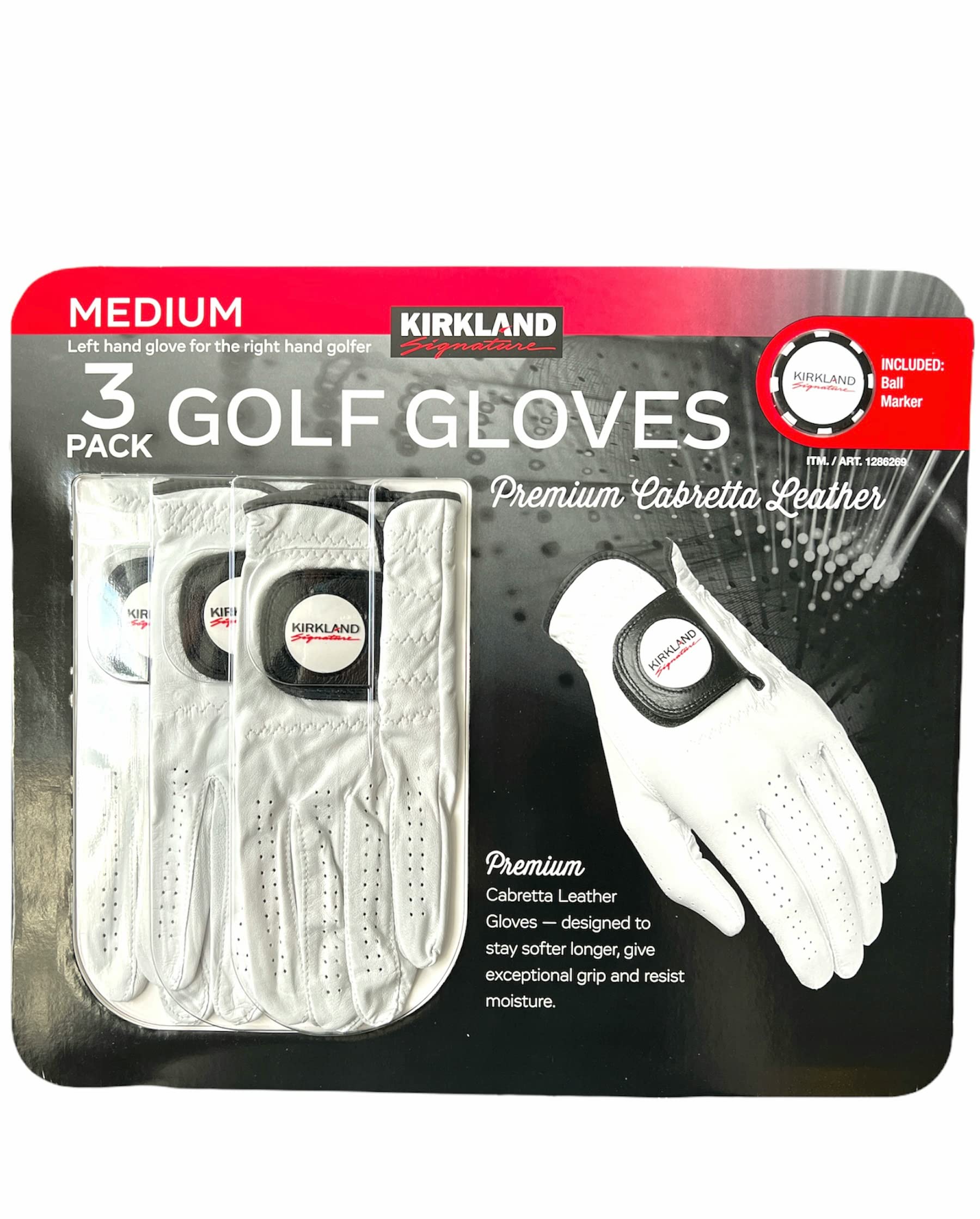 Kirkland Signature Men's Golf Gloves Premium Cabretta Leather, Medium, 3 Pack