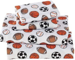 fancy linen crib sheet set flat fitted and pillow case set for boys/girls multi color sport baseball basketball football soccer white black orange brown new