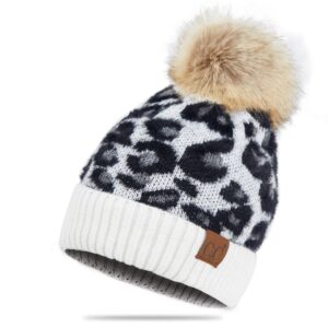 c.c exclusives soft beanie hat with leopard pattern and fur pom, a rubber band included (hat-2061) (ivory)