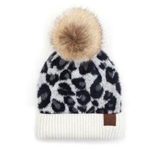 C.C Exclusives Soft Beanie hat with Leopard Pattern and Fur Pom, a Rubber Band Included (HAT-2061) (Ivory)