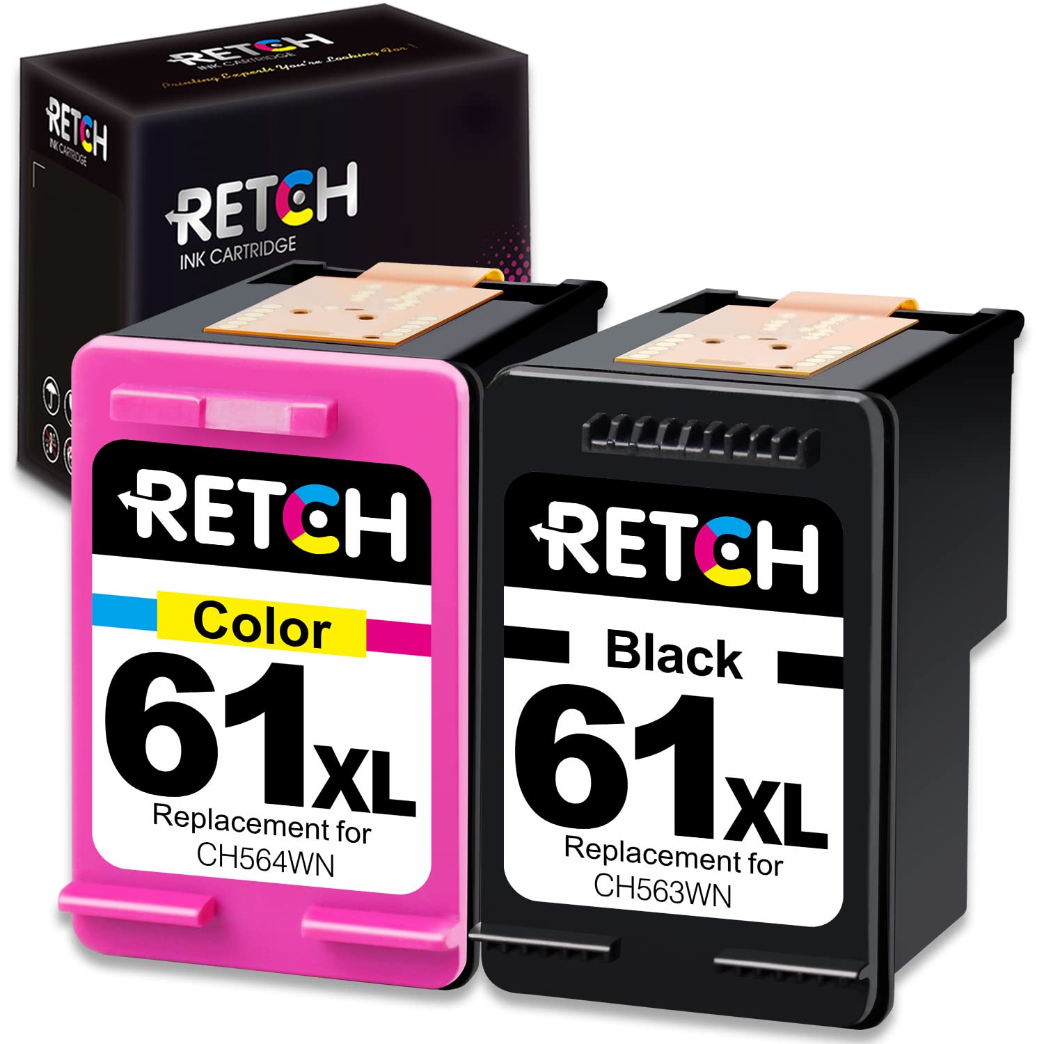 RETCH Remanufactured 61 XL Ink Cartridges Replacement for 61XL HP 61 Works with HP Envy 4500 4502 5530 DeskJet 2540 2541 2546 2549 3050 3510 OfficeJet 2620 4630 4632 Printer (1 Black 1 Tri-Color)