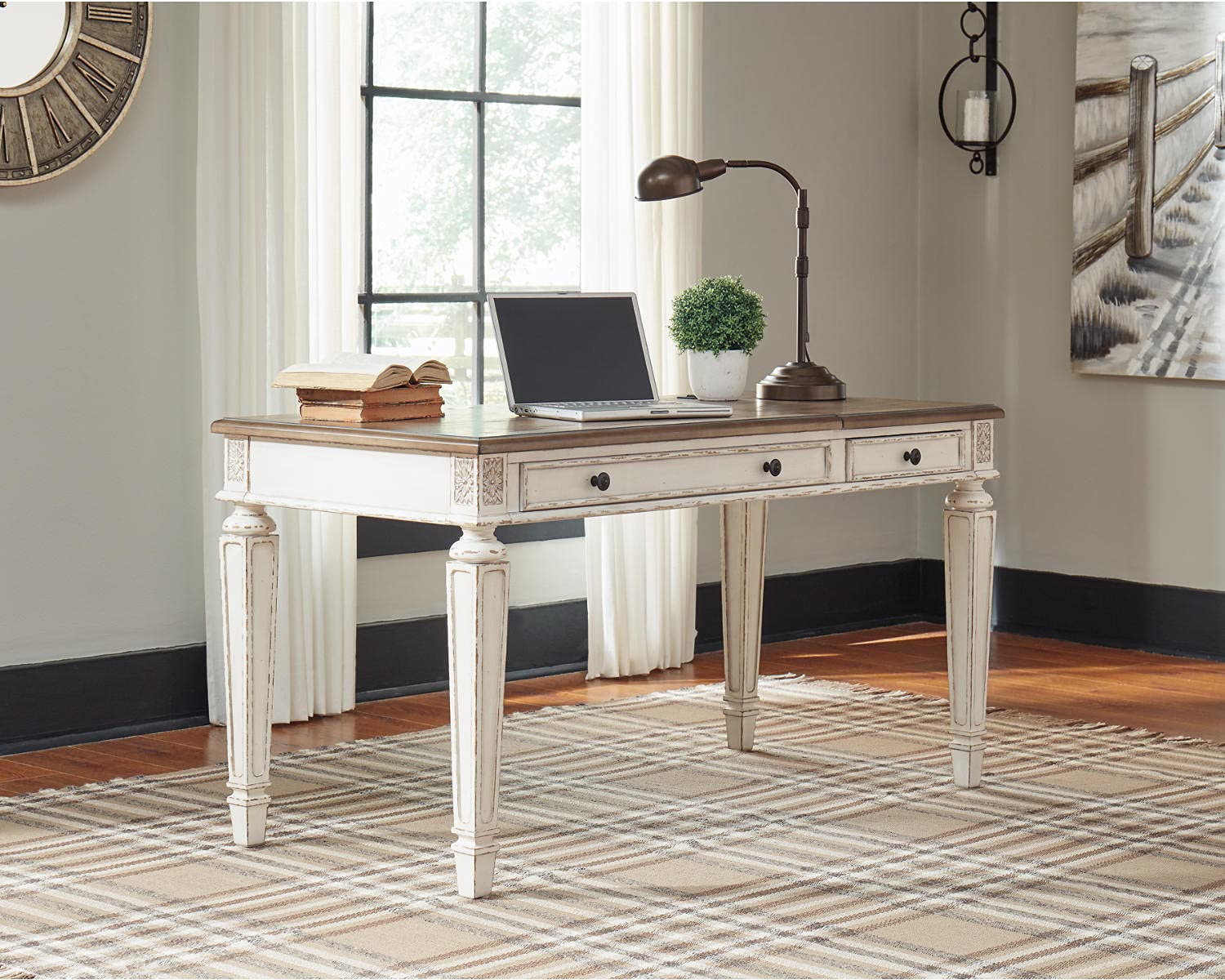 Signature Design by Ashley Realyn French Country 60" Home Office Lift Top Desk with USB Charging, Chipped White