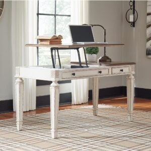 Signature Design by Ashley Realyn French Country 60" Home Office Lift Top Desk with USB Charging, Chipped White