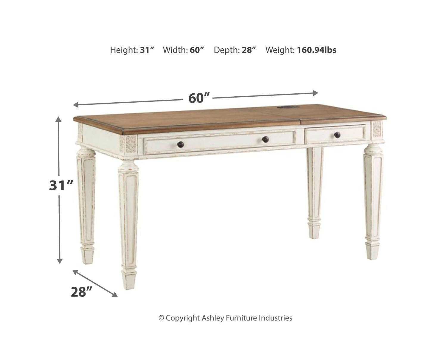 Signature Design by Ashley Realyn French Country 60" Home Office Lift Top Desk with USB Charging, Chipped White