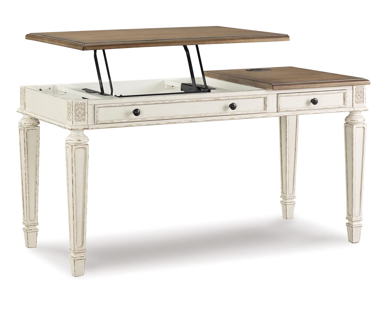 Signature Design by Ashley Realyn French Country 60" Home Office Lift Top Desk with USB Charging, Chipped White