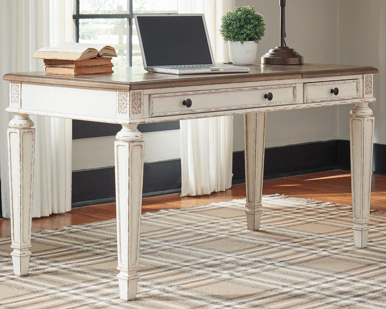 Signature Design by Ashley Realyn French Country 60" Home Office Lift Top Desk with USB Charging, Chipped White