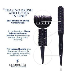 Spornette Teasing Brush & Comb Set - Includes Little Wonder Boar & Tourmaline Nylon Bristle Teasing Brush #111 & Triple Teasing Comb #TC-1, for Back Brushing, Combing, Creating Volume, Slicking Hair