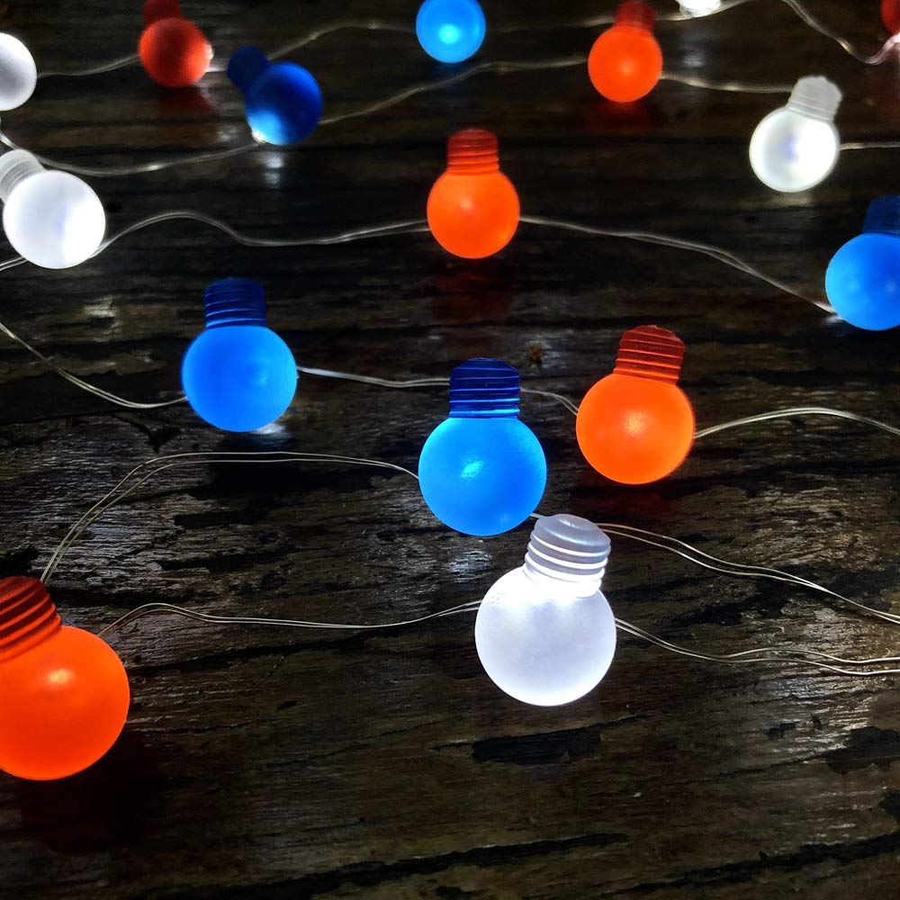 JASHIKA Patriotic Red White Blue Bulb Shape LED String Lights for Independence Day Decoration Parade Barbecue Party Picnic, 30 LEDs with Multi-Function Remote