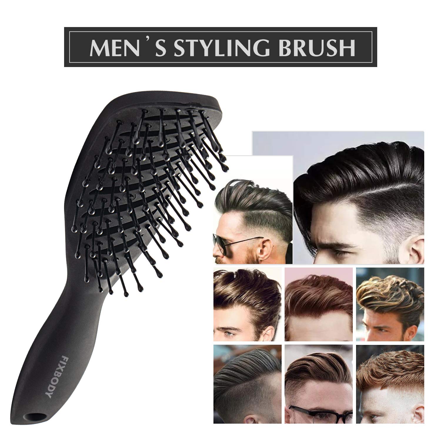 FIXBODY Curved Vent Hair Brush for Blow Drying, Styling and Solon, Detangling Hair Brush for Short Thick Tangles Hair, Both Men and Women, Black